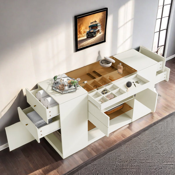 Latitude Run® Jylin Dresser with Glass Tabletop, Display Shelf and 6 Drawers | Wayfair